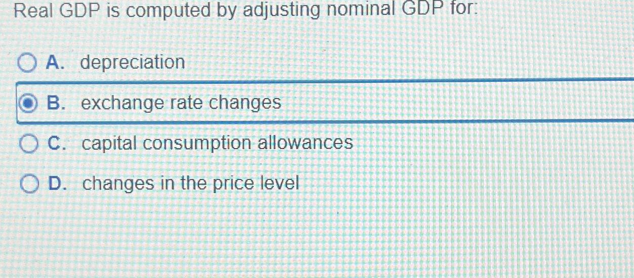 Solved Real GDP is computed by adjusting nominal GDP for:A. | Chegg.com