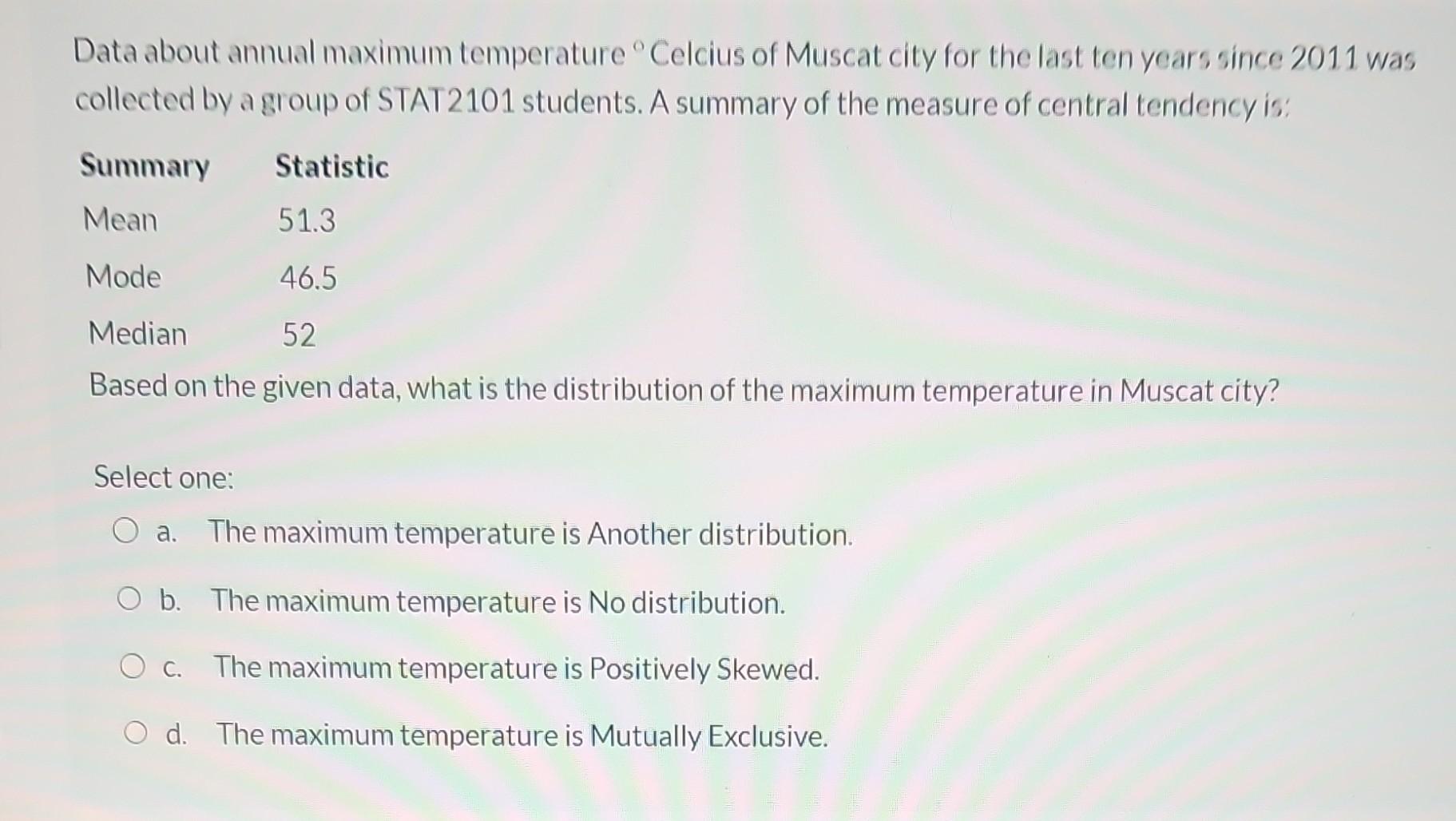 Solved Data about annual maximum temperature ∘ Celcius of | Chegg.com
