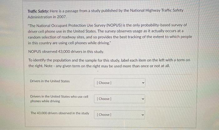 Solved Traffic Safety: Here is a passage from a study | Chegg.com