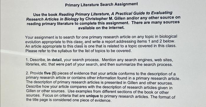Solved Primary Literature Search Assignment Use the book | Chegg.com
