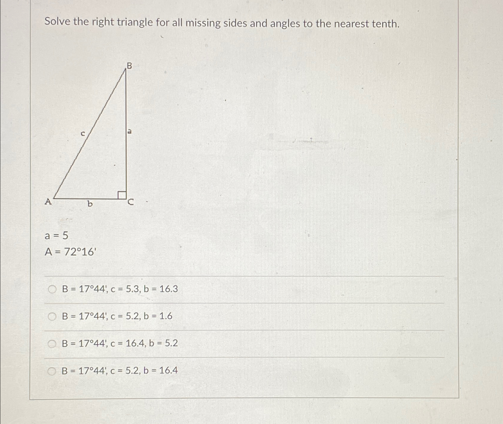 Solved Solve the right triangle for all missing sides and | Chegg.com