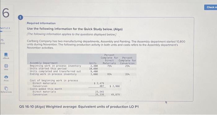 Solved QS 16−10 (Algo) Weighted average: Equivalent units of | Chegg.com