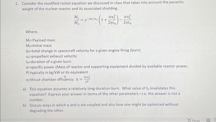 Solved 1. Consider the modified rocket equation we discussed | Chegg.com