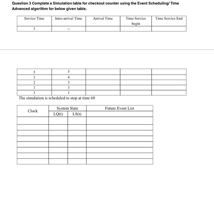 Solved Question 3 Complete a Simulation table for checkout | Chegg.com