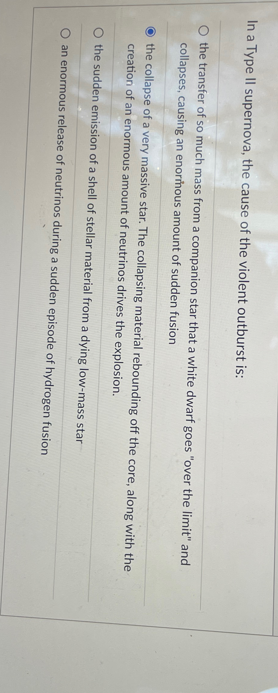 Solved In a Type II supernova, the cause of the violent | Chegg.com