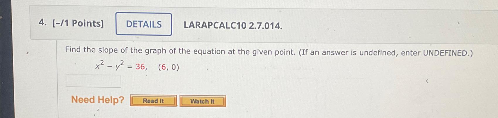 Solved [-/1 ﻿Points] ﻿LARAPCALC10 2.7.014.Find the slope of | Chegg.com