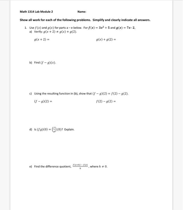 Solved Math 1314 Lab Module 2 Name: Show all work for each | Chegg.com