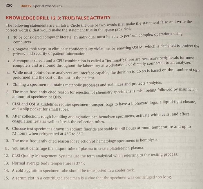 Solved 250 Unit IV Special Procedures KNOWLEDGE DRILL | Chegg.com