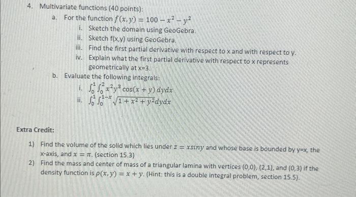 Solved 4. Multivariate functions (40 points); a. For the | Chegg.com