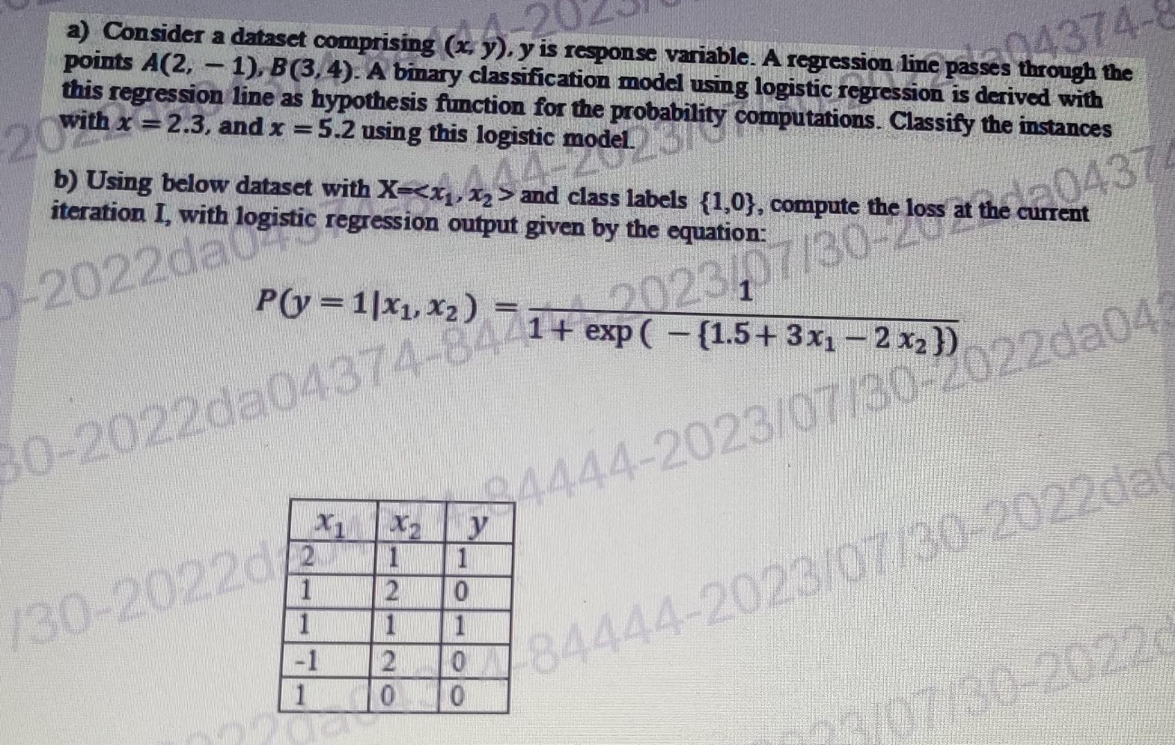 Solved a) Consider a dataset comprising (x;y),y is response | Chegg.com