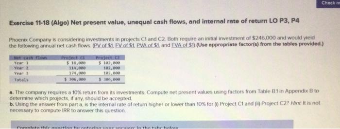 Solved Exercise 11-18 (Algo) Net present value, unequal cash | Chegg.com