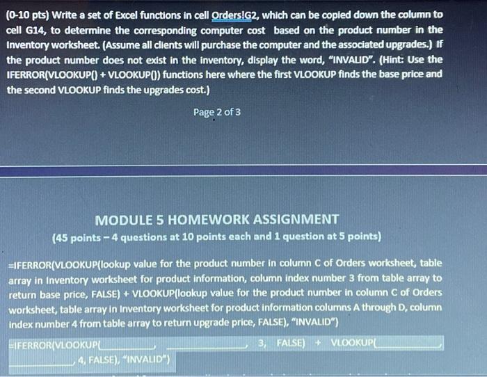 Solved (0-10 pts) Write a set of Excel functions in cell | Chegg.com