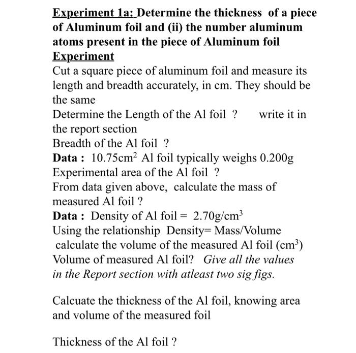 Experiment la: Determine the thickness of a piece of | Chegg.com