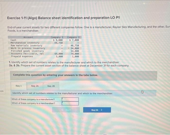 Exercise 1-11 (Algo) Balance sheet identification and | Chegg.com