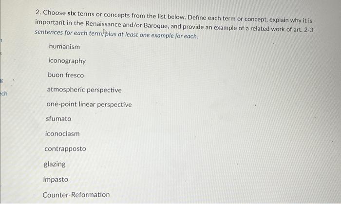 2. Choose six terms or concepts from the list below. | Chegg.com