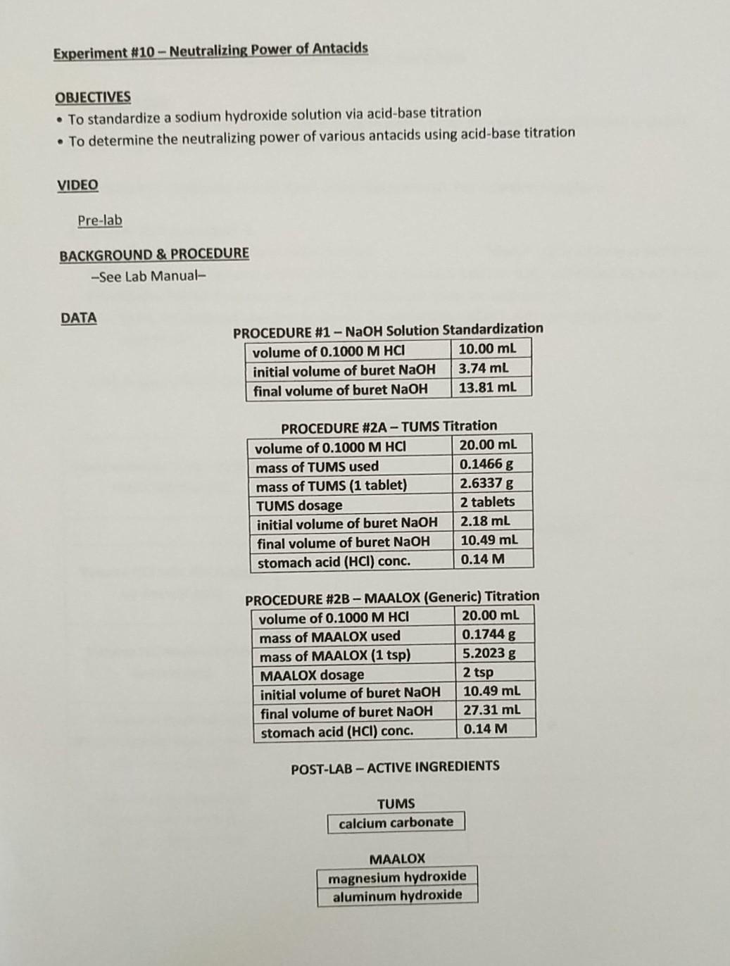 Solved Experiment #10 - Neutralizing Power of Antacids | Chegg.com