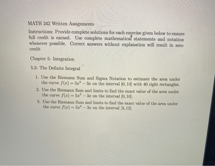 Solved MATH 242 Written Assignments Instructions: Provide | Chegg.com