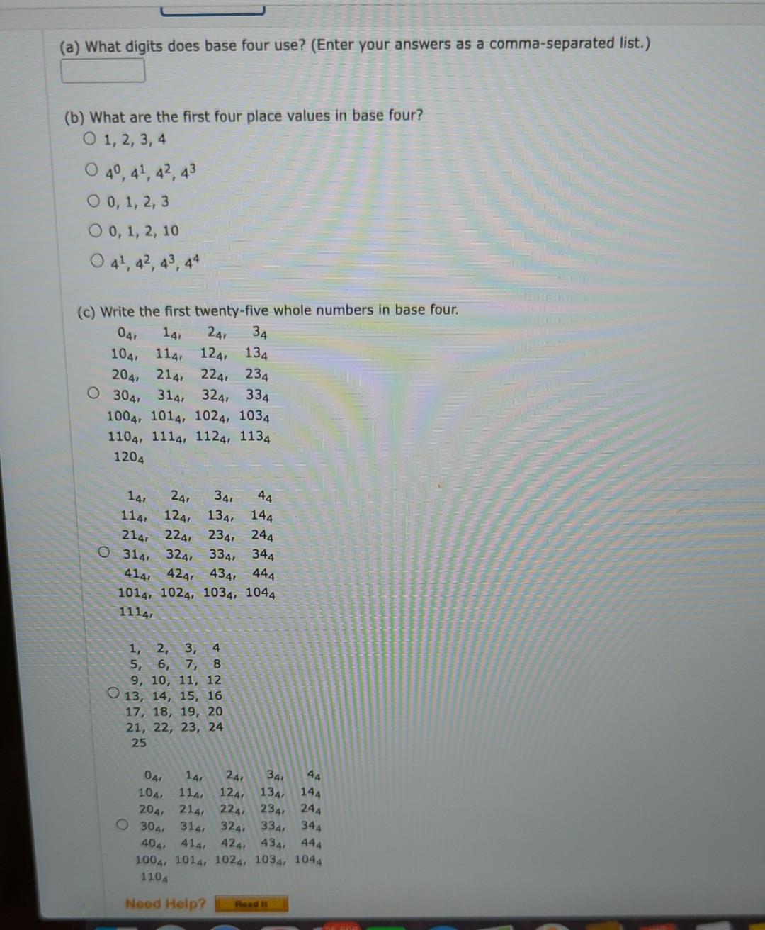 Solved (a) What digits does base four use? (Enter your | Chegg.com