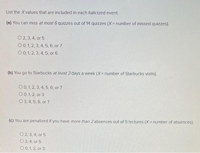 List the X values that are included in each | Chegg.com