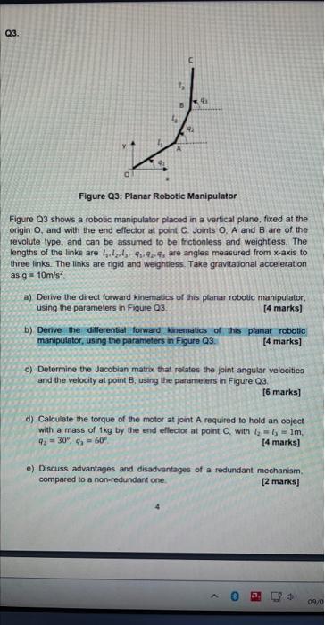 Solved Figure Q3: Planar Robotic Manipulator Figure Q3 shows | Chegg.com