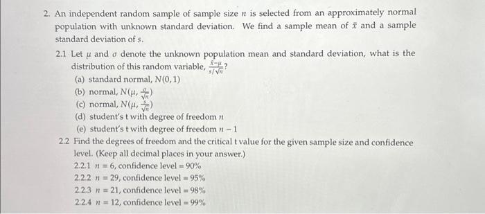 Solved 2. An independent random sample of sample size n is | Chegg.com