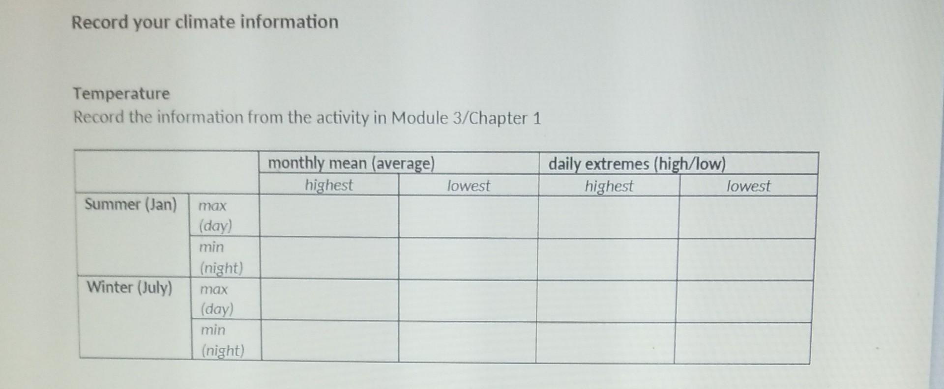 Record your climate information Temperature Record | Chegg.com