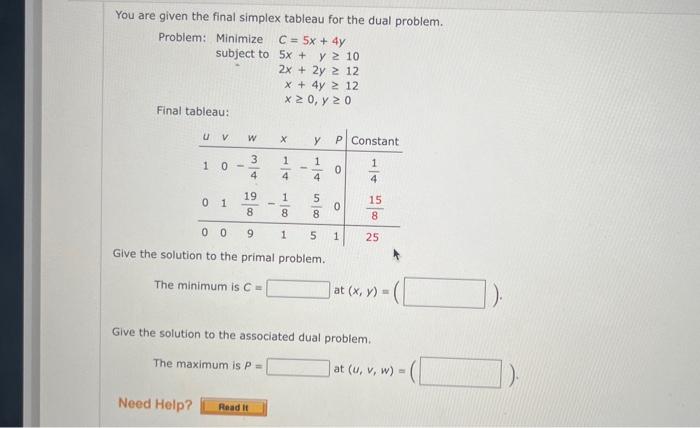 Solved You are given the final simplex tableau for the dual | Chegg.com