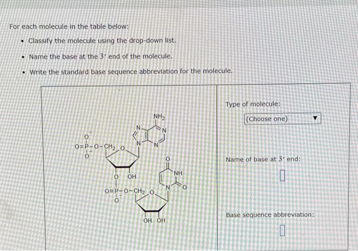 For each molecule in the table below: - Classify the | Chegg.com