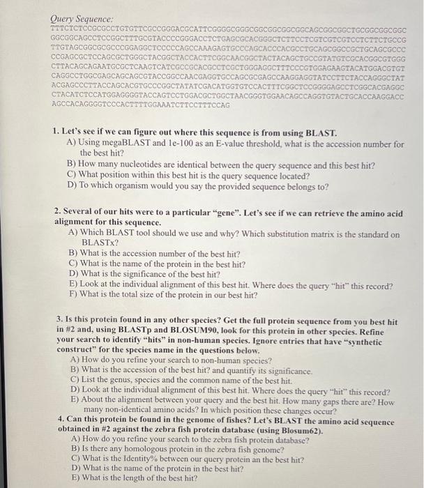 Problem: Using BLAST answer the questions on the | Chegg.com