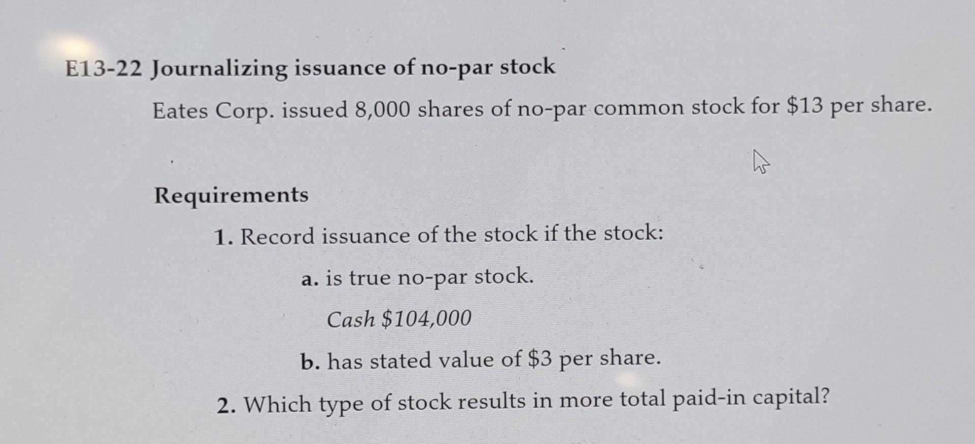 Solved E13-22 Journalizing issuance of no-par stock Eates | Chegg.com