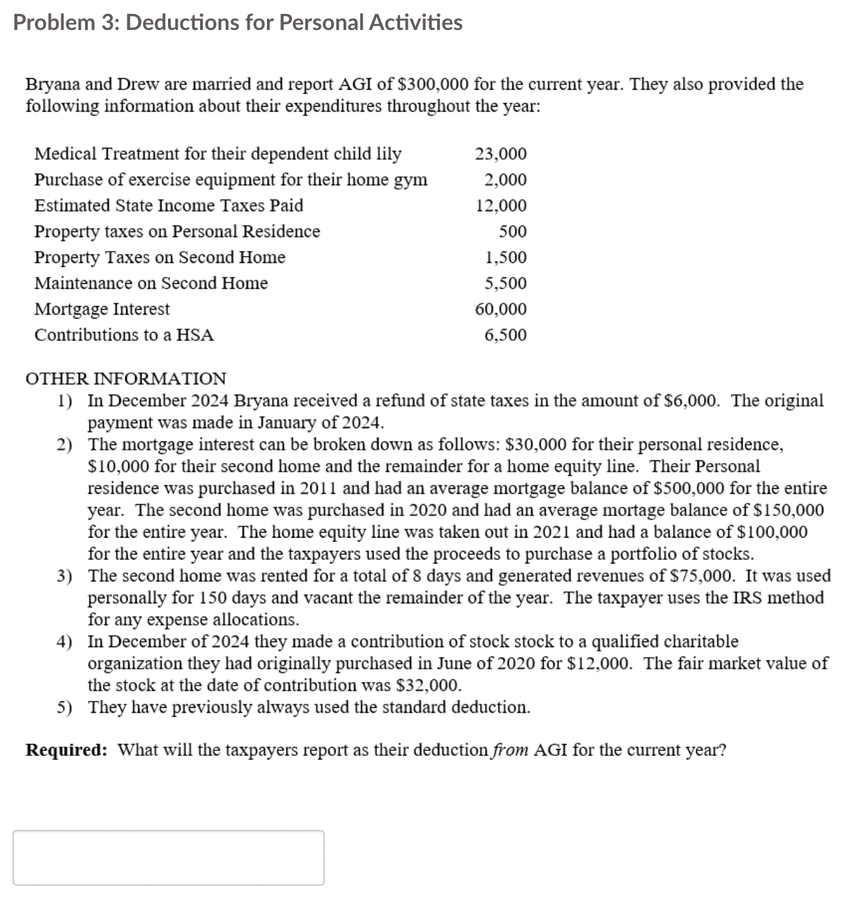 Solved Problem 3: Deductions for Personal ActivitiesBryana | Chegg.com