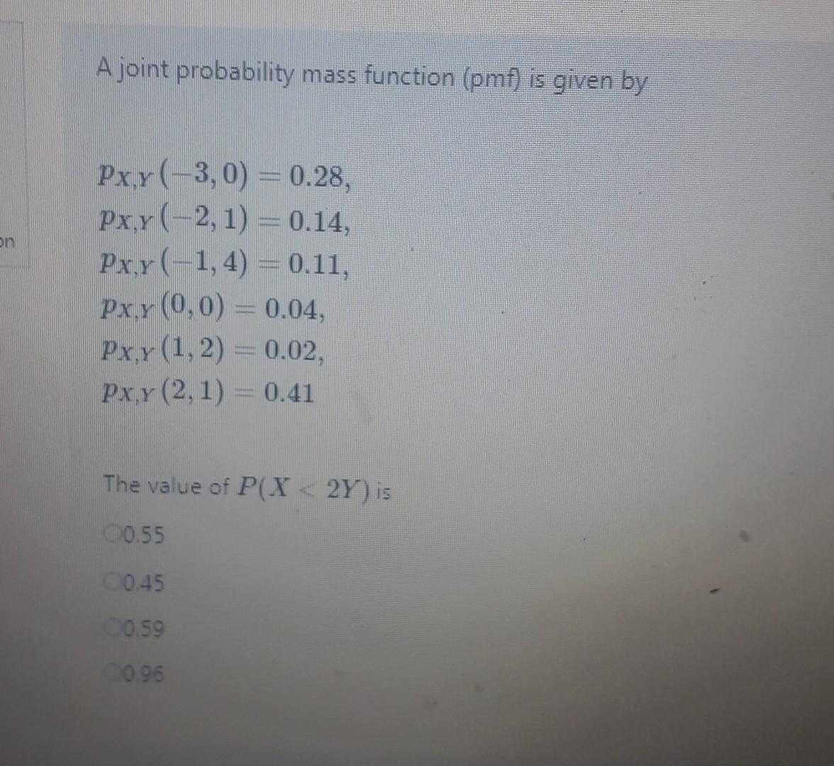 Solved A joint probability mass function (pmf) is given by | Chegg.com
