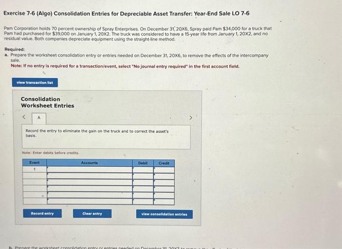 Solved Exercise 7-6 (Algo) Consolidation Entries for | Chegg.com