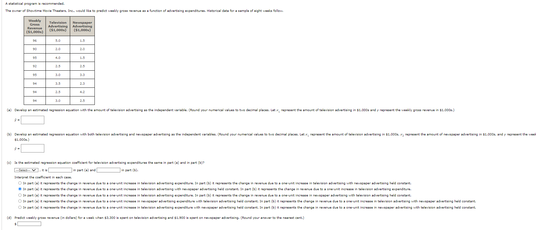 Solved A statistical program is recommended.The owner of | Chegg.com