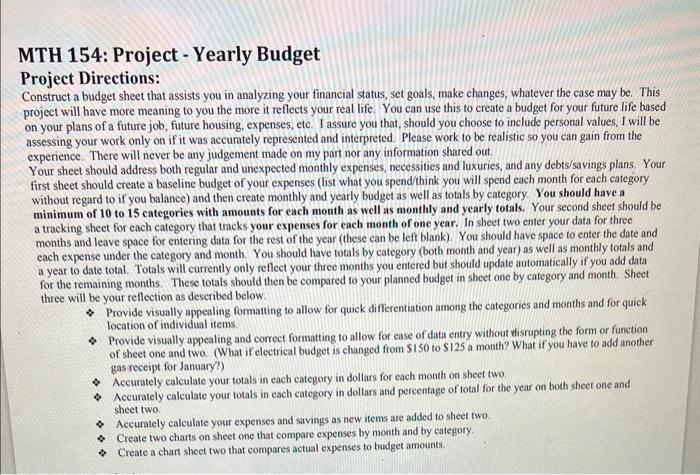 Solved MTH 154: Project - Yearly Budget Project Directions: | Chegg.com