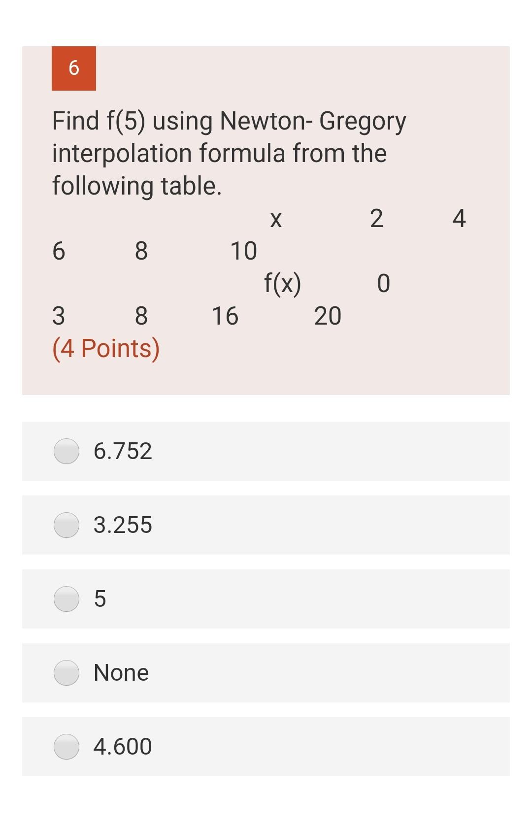 Solved 6 Х 4 Find f(5) using Newton-Gregory interpolation | Chegg.com