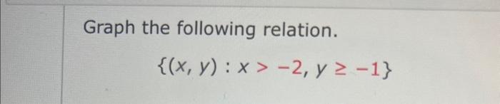 Solved Graph the following relation. {(x,y):x>−2,y≥−1} | Chegg.com