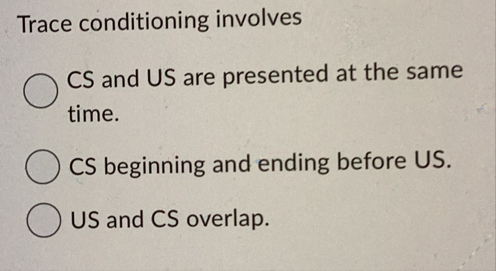 Solved Trace conditioning involves ﻿CS and US are presented | Chegg.com