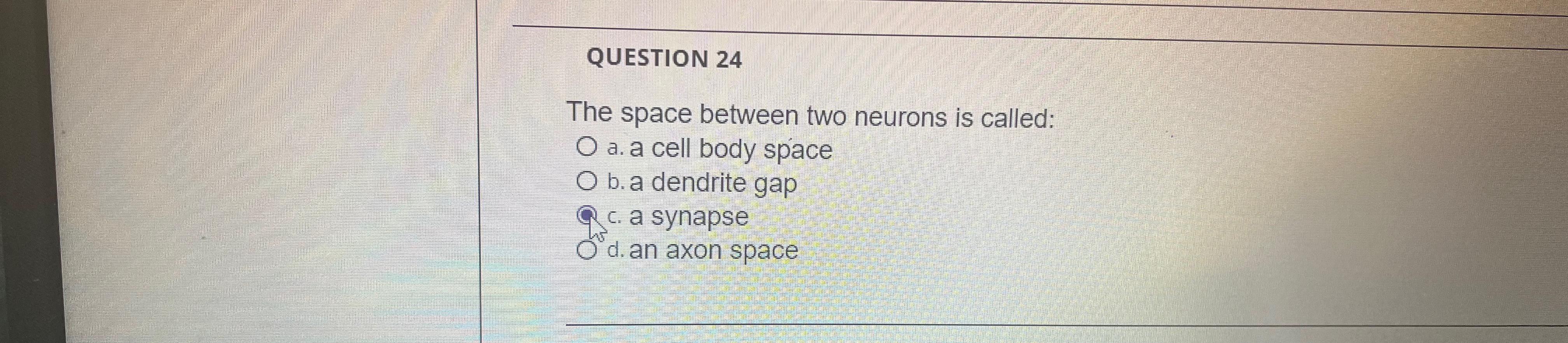 Solved QUESTION 24The space between two neurons is called:a. | Chegg.com