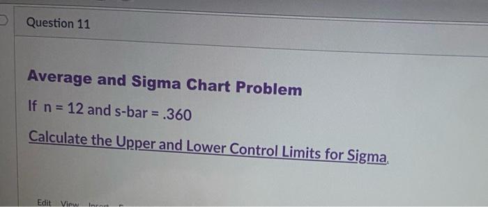 Solved Question 11 Average and Sigma Chart Problem If n = 12 | Chegg.com