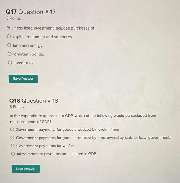 Solved Q17 Question # 17 3 Points Business fixed investment | Chegg.com
