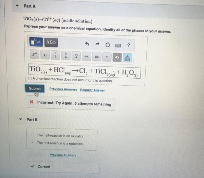 Solved Part A TiO2() Ti2+ (aq) (acidic solution) Express | Chegg.com