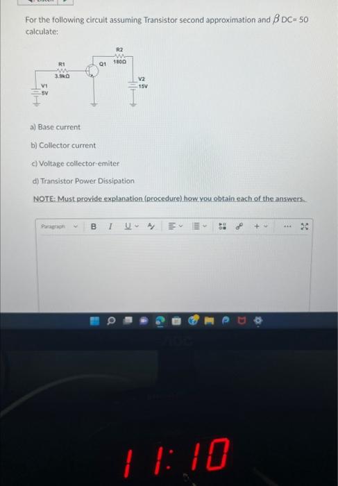 Solved For the following circuit assuming Transistor second | Chegg.com