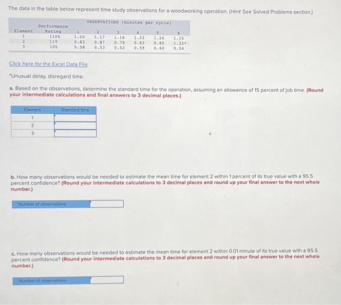 Solved The data in the table below represent time study | Chegg.com
