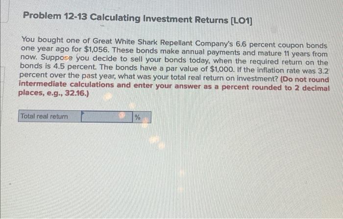 Solved Problem 12-13 Calculating Investment Returns (L01) | Chegg.com