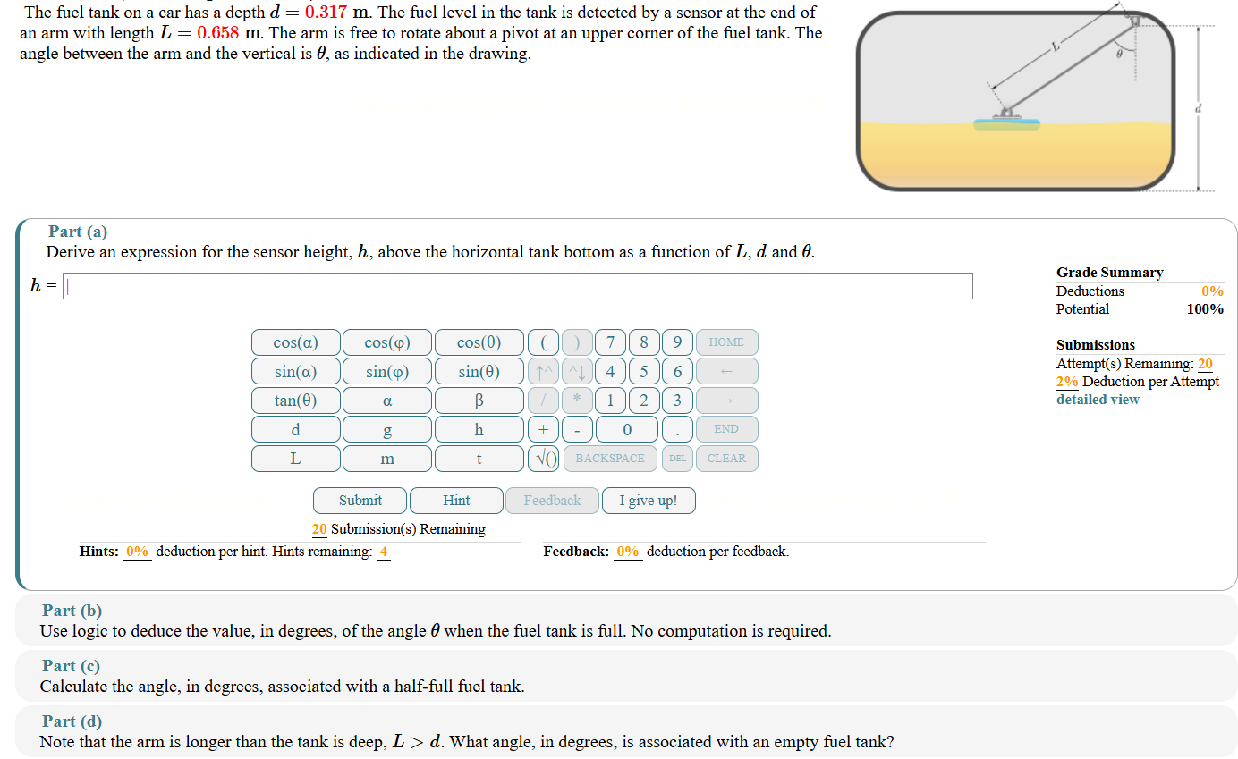 Solved The fuel tank on a car has a depth d=0.317m. ﻿The | Chegg.com