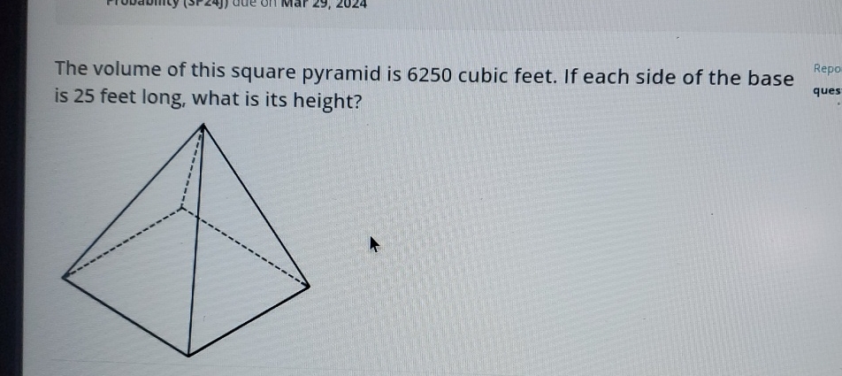 Solved The volume of this square pyramid is 6250 ﻿cubic | Chegg.com