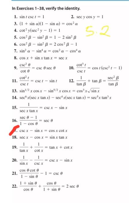 Solved 5.2 Cot 9. cote CSC 1 х со In Exercises 1-38, verify | Chegg.com