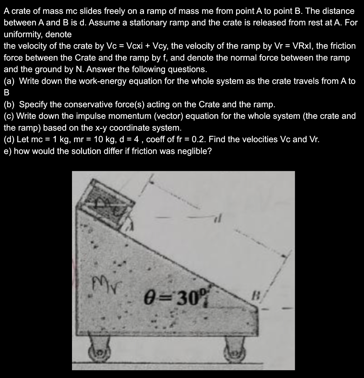 Solved A crate of mass mc slides freely on a ramp of mass me | Chegg.com