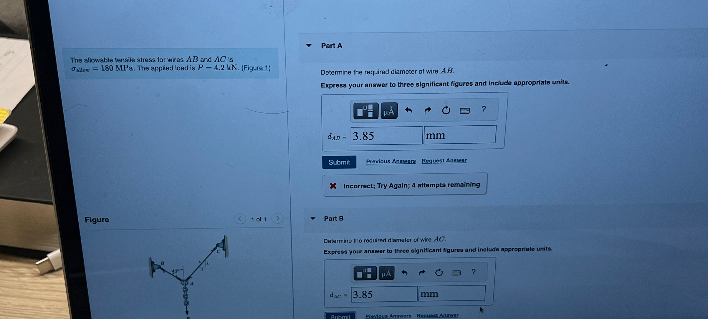 Solved The allowable tensile stress for wires AB ﻿and AC ﻿is | Chegg.com